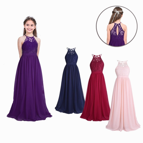 Girls' Princess Halter Neck Floor-Length Lace Chiffon A-Line Junior ...
