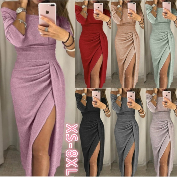Women Off Shoulder Party dresses High Slit Bodycon Dress Long Sleeve ...