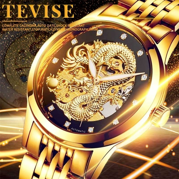 3D Carving Dragon Gold Skeleton Watch Luxury Diamond Automatic Movement ...