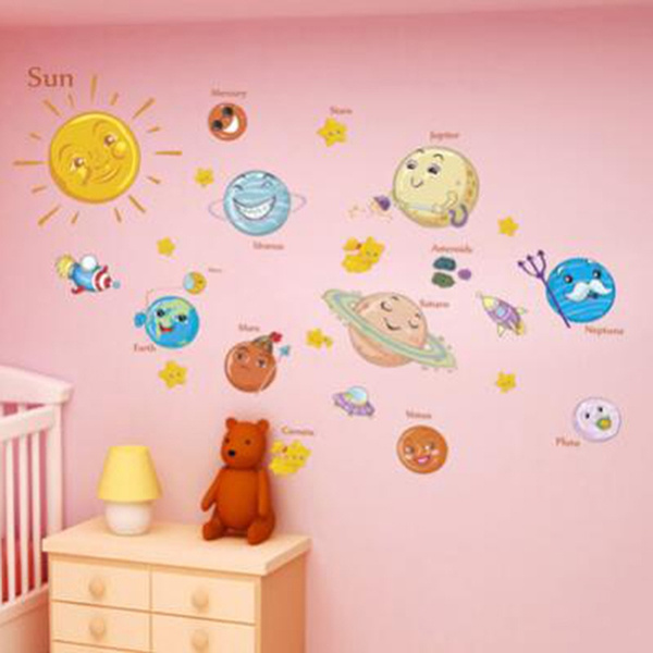 Solar System Cartoon Wall Stickers for Kids Rooms Stars Space Planets ...