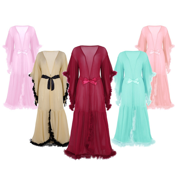 Women Sexy Feather Long Wedding Scarf Illusion Nightgown Robe ...