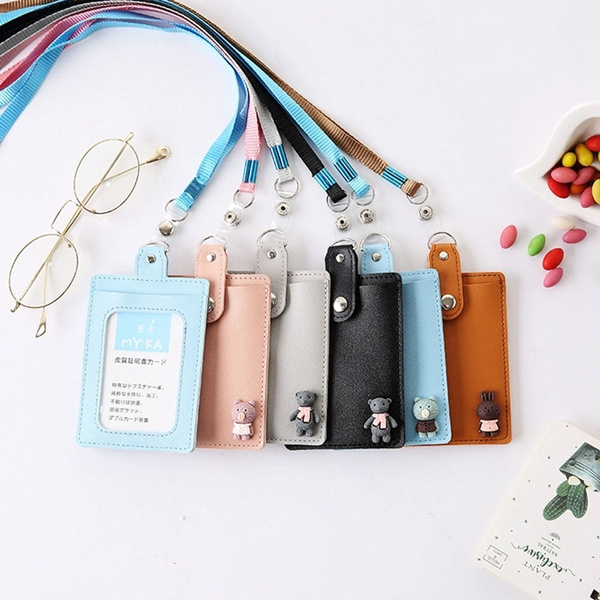 Student Cartoon Leather Card Holder Girl Rabbit Bear Lanyard Bus Card ...