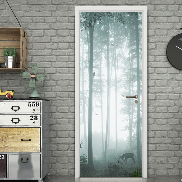 Custom Door Stickers Forest Deer Door Decal Large Size Window Vinyl ...
