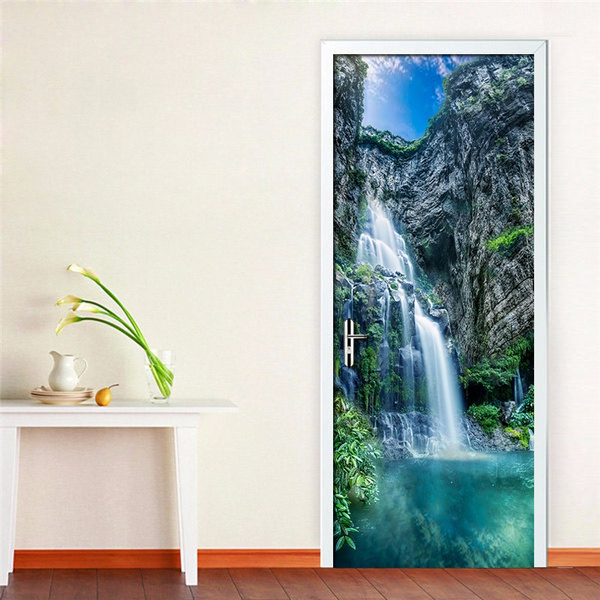 Custom Door Stickers 3D Stereo Mountain Waterfall Door Decal Large Size ...