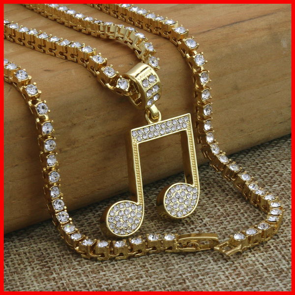 Unisex 14k Gold PT Music Note Iced Icon Pendant 4mm 24" Hip Hop Tennis ...
