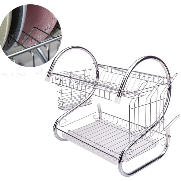 2-Tier Chrome Dish drying Rack and DrainBoard, Kitchen Dish Cup Drying ...