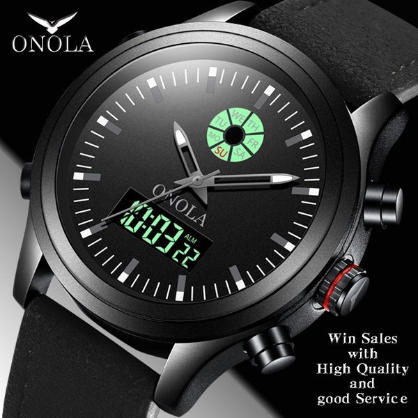 Brand ONOLA Men Military Leather Digital Watch Black Uhr LED Pointer ...
