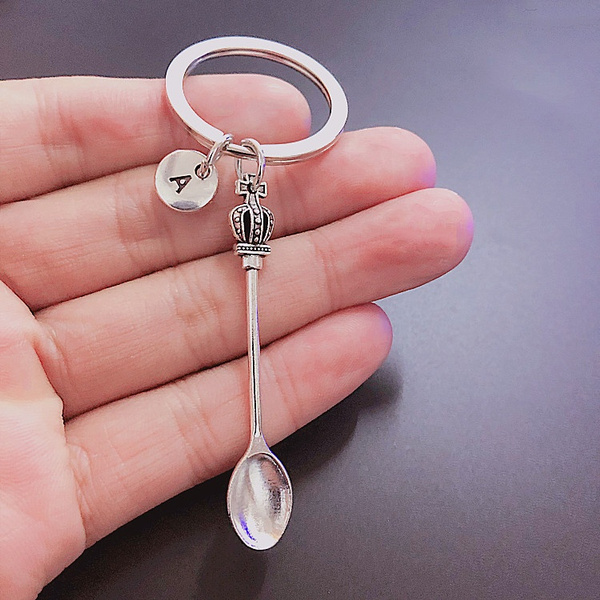 Spoon Keyring, antique silver charm on chain, spoon with crown, royal ...