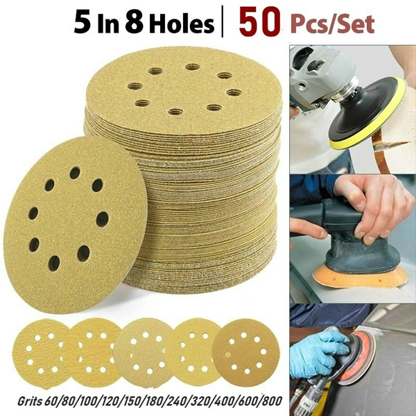50PCS 5-Inch 8-Hole Dustless Hook-and-Loop Sanding Disc Sander Paper ...