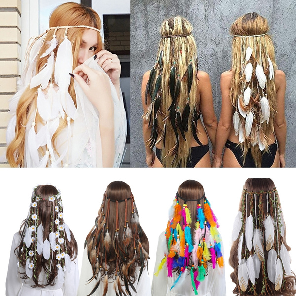 Female Bohemian Style Long Drop Decorative Party Tiara Peacock Feather ...
