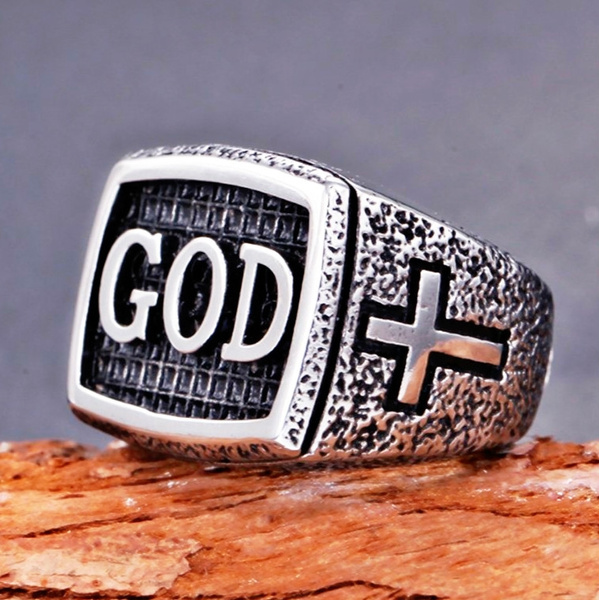 Vintage Religious God GOD Letter Cross Ring 316L Stainless Steel Men's ...