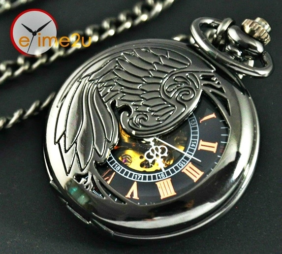 2015 Cool Black Steel Wing Mechanical Pocket Watch Hand Winding ...