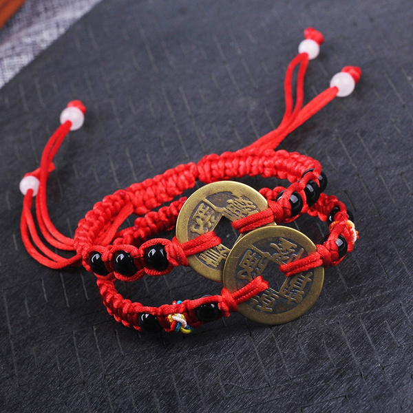 Fashion Hand Braided Red Rope Bracelet Retro Coin Thread Woven Braclet ...