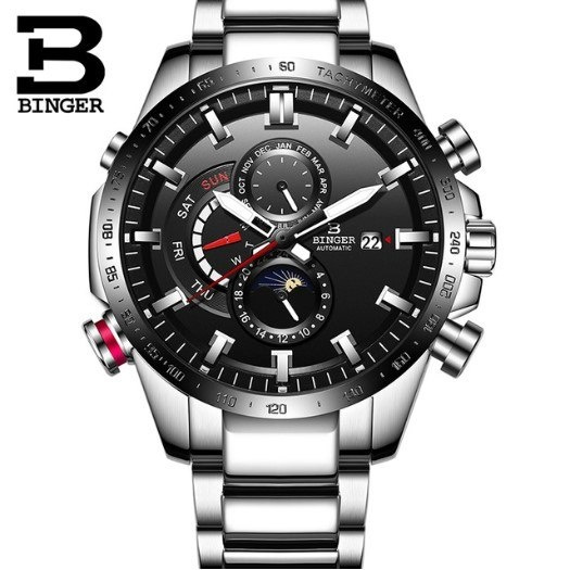 BINGER Men Automatic Mechanical Luminous Sport Moon Phase Water ...