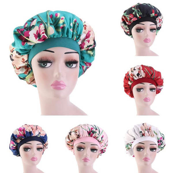 Women Satin Silk Printed Bonnet Cap Elastic Wide-brimmed Dome Night Hap ...