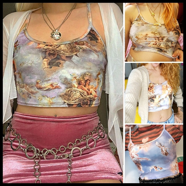 Women Slim Sling Tops Ladies Sheer Mesh Little Angel Printed Crop Top ...