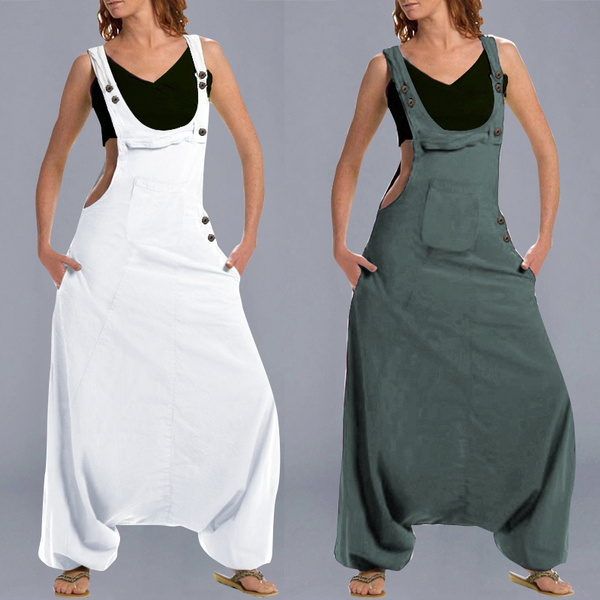 Women Sleeveless Casual Loose Drop Crotch Overalls Romper Cotton Baggy ...