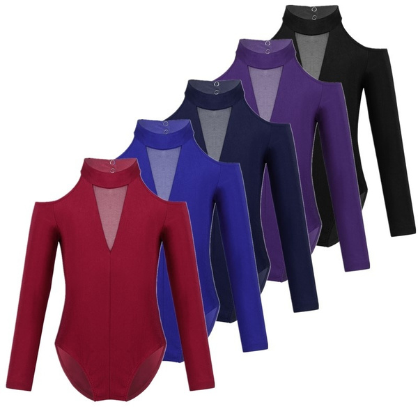 Junior kids Girls Long Sleeve Gymnastic Leotard Open Back Mesh Ballet ...