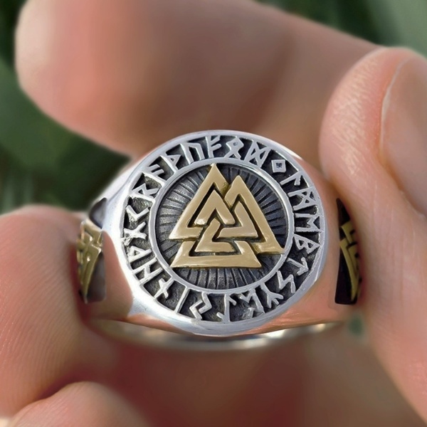 Men's Vintage 316L Stainless Steel Gold and Silver Triangle Rune ...