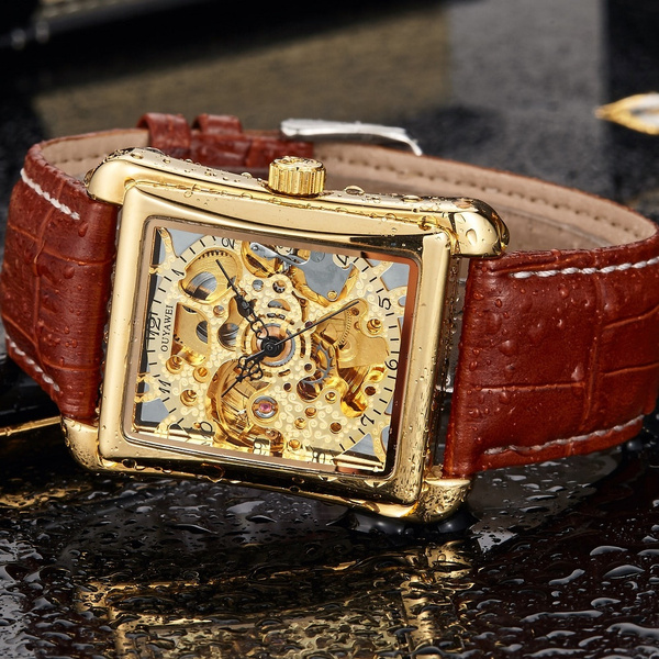Ouyawei Gold Skeleton Automatic Watch Men Luxury Mechanical Self Wind ...
