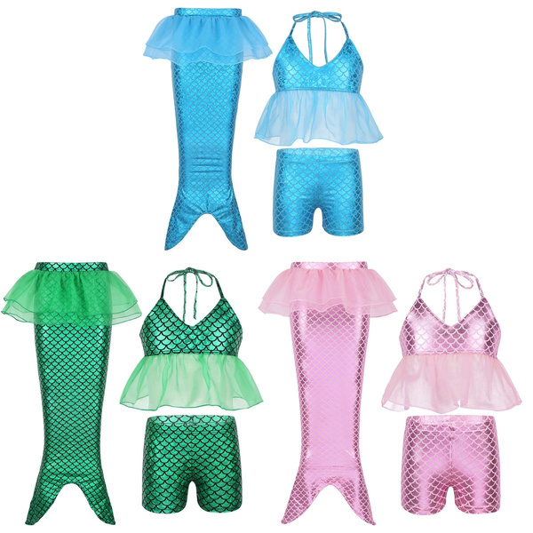 3Pcs Girls Little Mermaid Swimwear Costume Shiny Halter Tops with ...