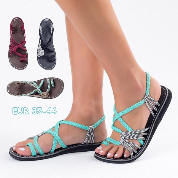 PLUG Size Women Open Toe Flat Sandals Bohemian Beach Herringbone Sandal ...
