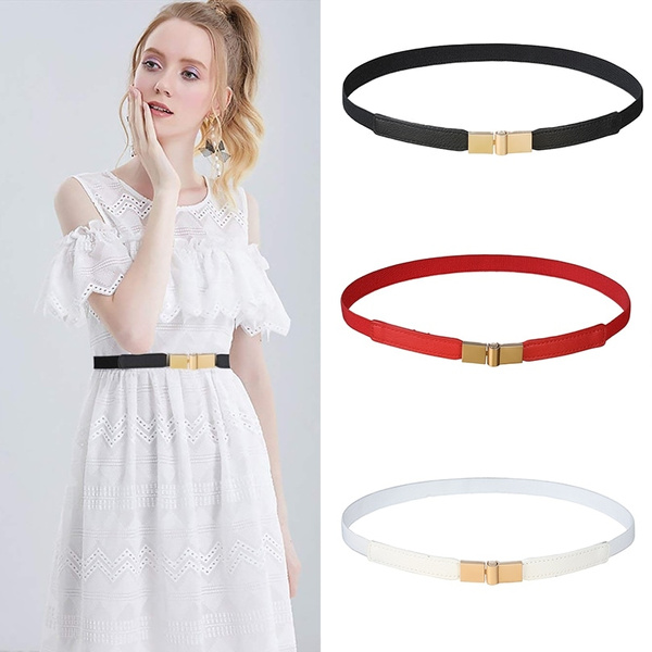 Black Red White Skinny Thin PU Canvas Belt for Women Leather Waistband ...