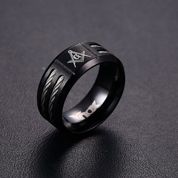 Mens Black Rings Stainless Steel Double Wire Cable Inlay Ring for Men ...