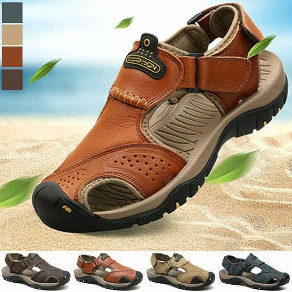 Men's Summer Wading Shoes Genuine Leather Flat Sandals Fashion Beach ...