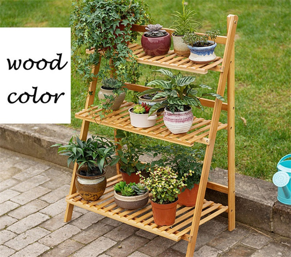 Foldable Wooden Flower Plant Pot Stand Organizer Shelf 3-Tier Storage ...