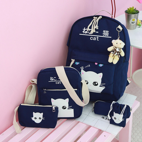 6pcs Set Canvas Backpack Big Student Book Bag with Purse Laptop Bag ...