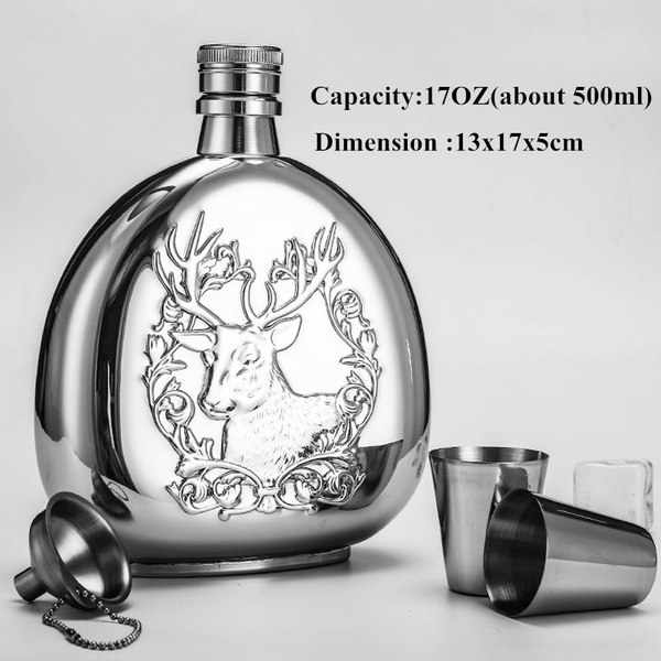Stainless Steel 304 500ml big hip flask buck relief quality wine flagon ...