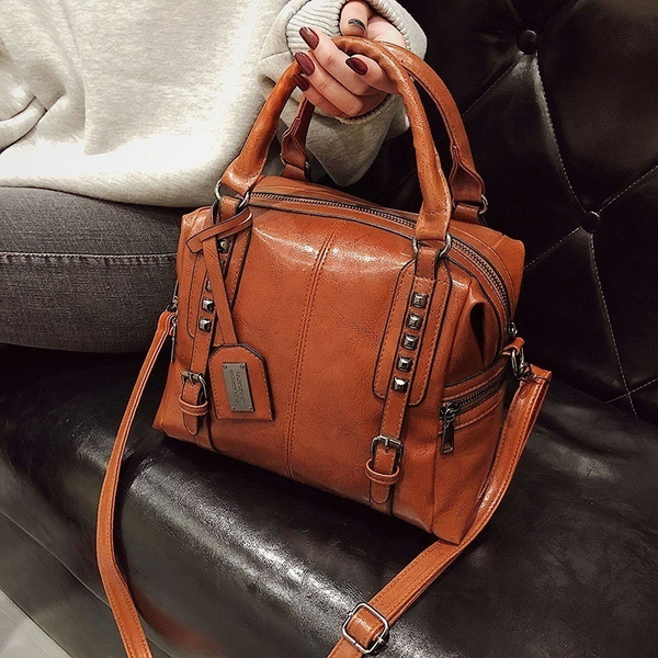 Women Vintage Leather Shoulder Bags Retro Tote Handbags Bright Medium ...