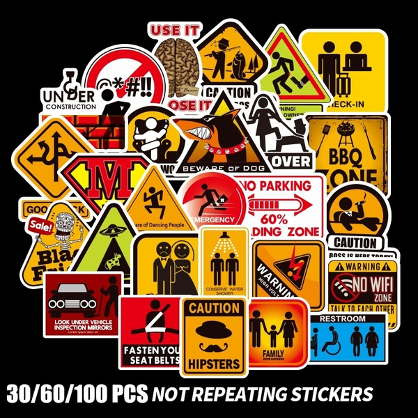 30/60/100 Pcs Signs Stickers Danger Warning Banning Reminder Decor ...