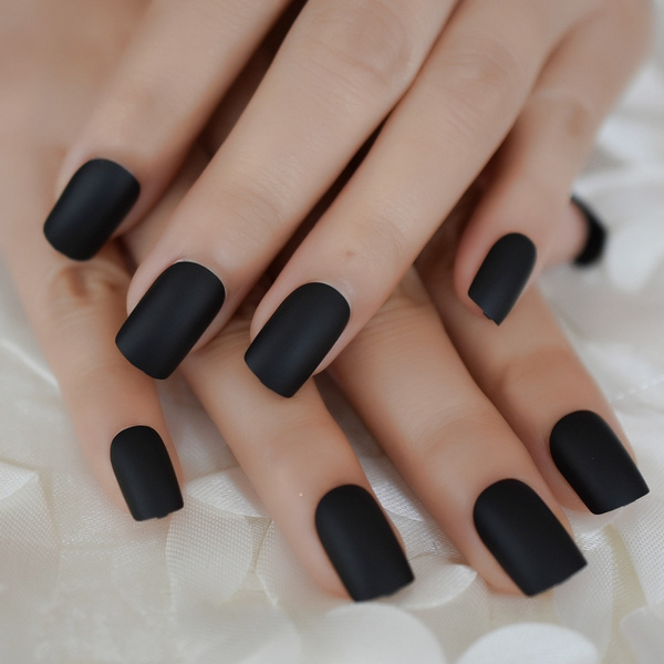 Black False Nail Solid Matte Finish Faux Nails Medium Square Plastic ...