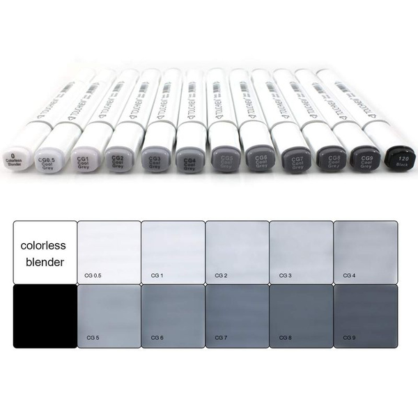 TOUCHNEW 12 Grey Colours Marker Set,Artist Graphic Marker Pen Dual Tip ...