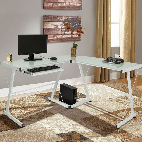 L-Shape Computer Desk PC Glass Laptop Table Workstation Corner Home ...
