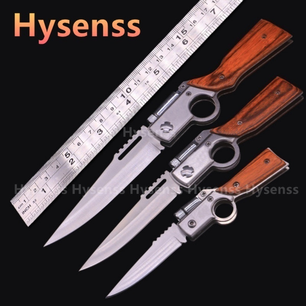 LED Folding Gun Knife Pocket Knife Wood Handle Outdoor Multitool ...