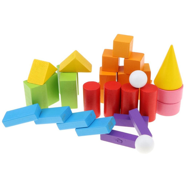 Wooden Montessori Geometric Shapes Solids Blocks Set Learning Education ...