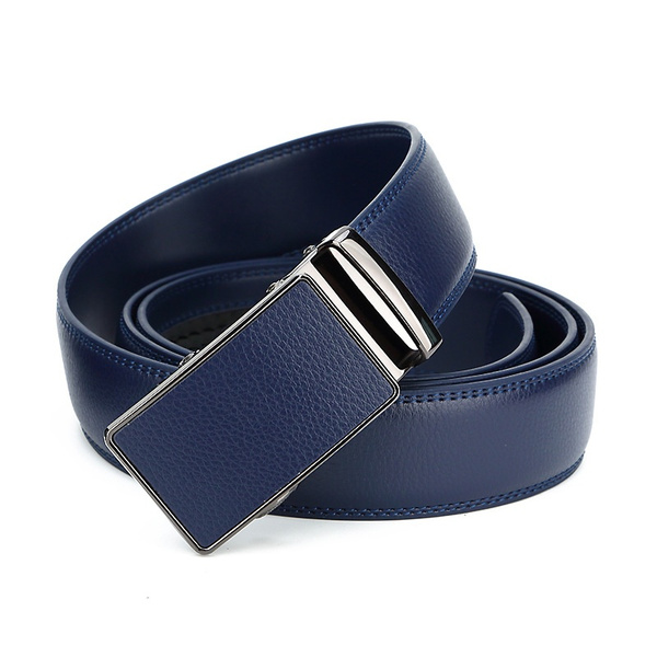 Men's Belt Blue Automatic Ratchet Buckle with Cow Genuine Leather Belts ...