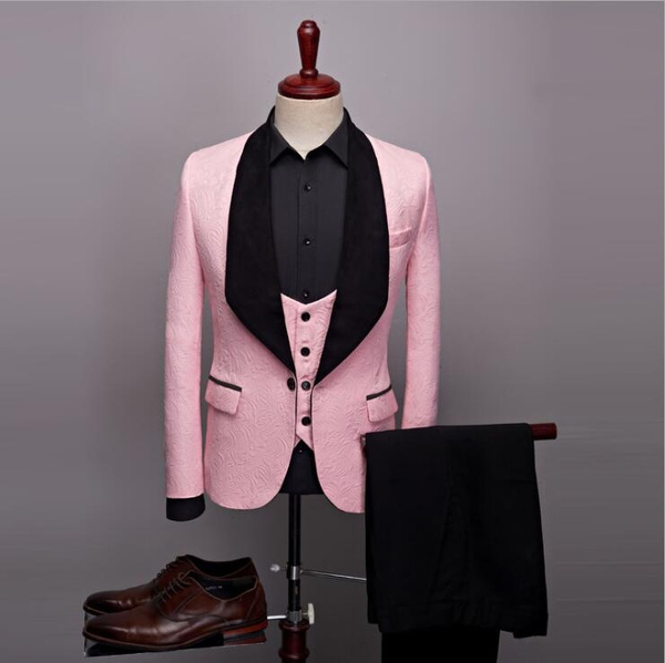 3 PCS Suits Set Pink White Black Wedding Tuexdo Magician Costume Hosted ...