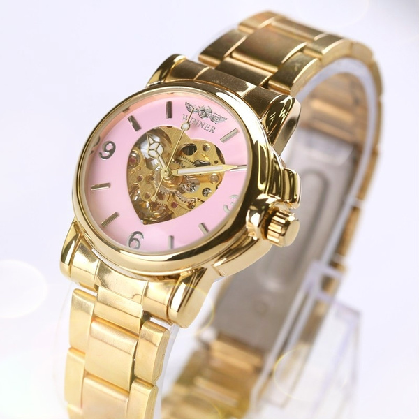 Women Luxury Diamond Skeleton Watch Pink Heart Shape Hollow Design ...