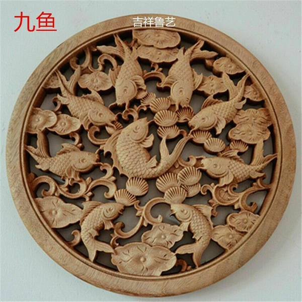 CHINESE HAND CARVED NINE FISH STATUE CAMPHOR WOOD ROUND PLATE WALL ...