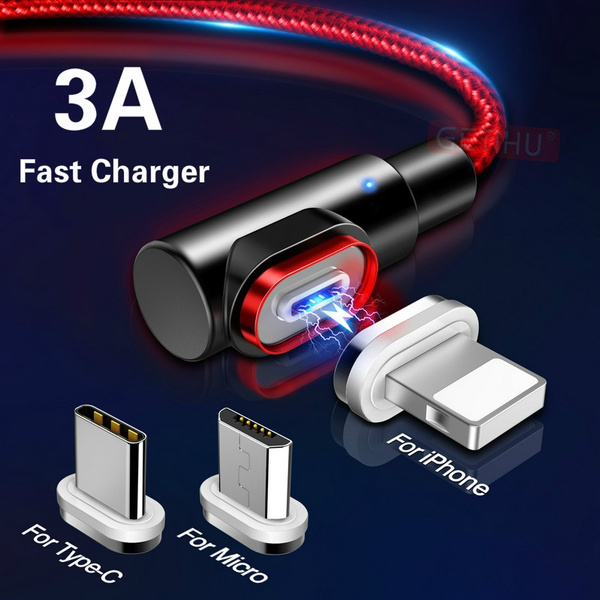 90 Degree 1m/2m 3A Fast Magnetic Cable for IPhone XS X XR 7 Micro USB ...