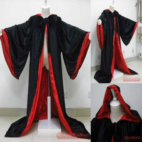 New Stock Black Velvet Robe Hooded Cloak Red Wizard Cloak Wicca LARP ...