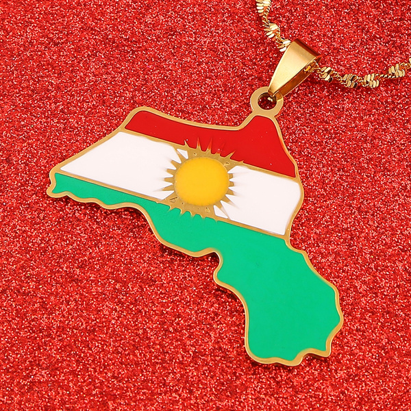 Big Size Kurdistan Region Map Pendant Necklaces Kurdish Flag Gold Color ...