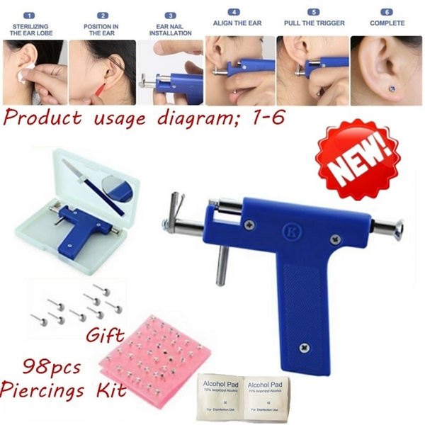 New Major Steel Ear Nose Navel Body Piercing Gun 98pcs with Studs Tool ...