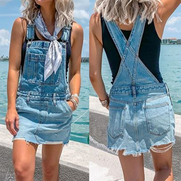Women Fashion Distressed Bib Overalls Skinny Fitted Ripped Overalls ...
