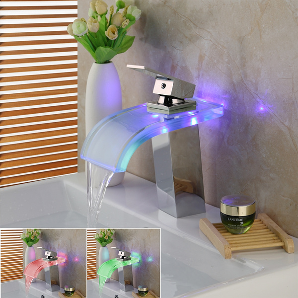 Bathroom LED Waterfall Spout Faucet Vanity Sink Mixer Taps Single Hole ...