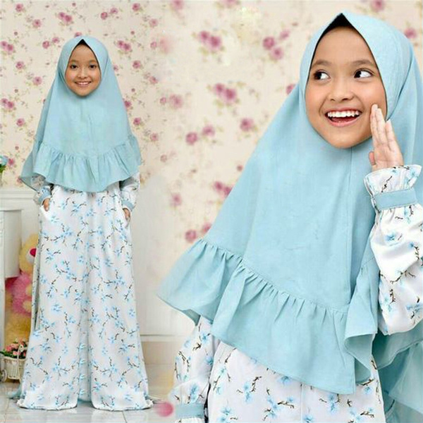 Kids Girls Islamic Muslim Clothes Long Sleeve Blue Floral Abaya with ...